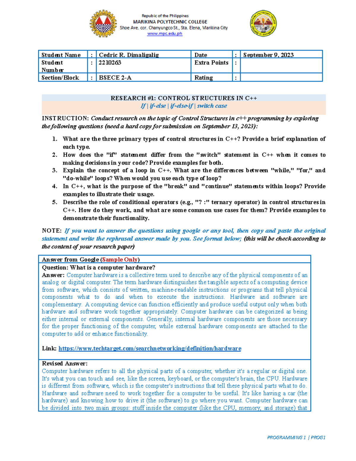 R1 Control Structures in c - Student Name : Cedric R. Dimaligalig Date : September 9, 2023 ...