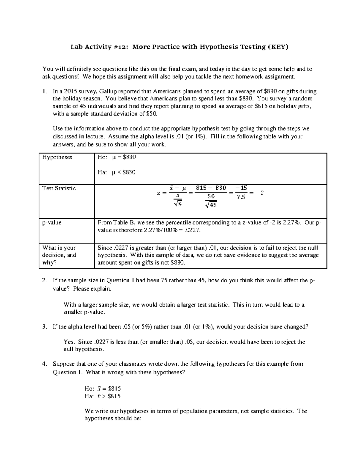 Lab12 More Hypothesis Testing KEY - Lab Activity #12: More Practice ...