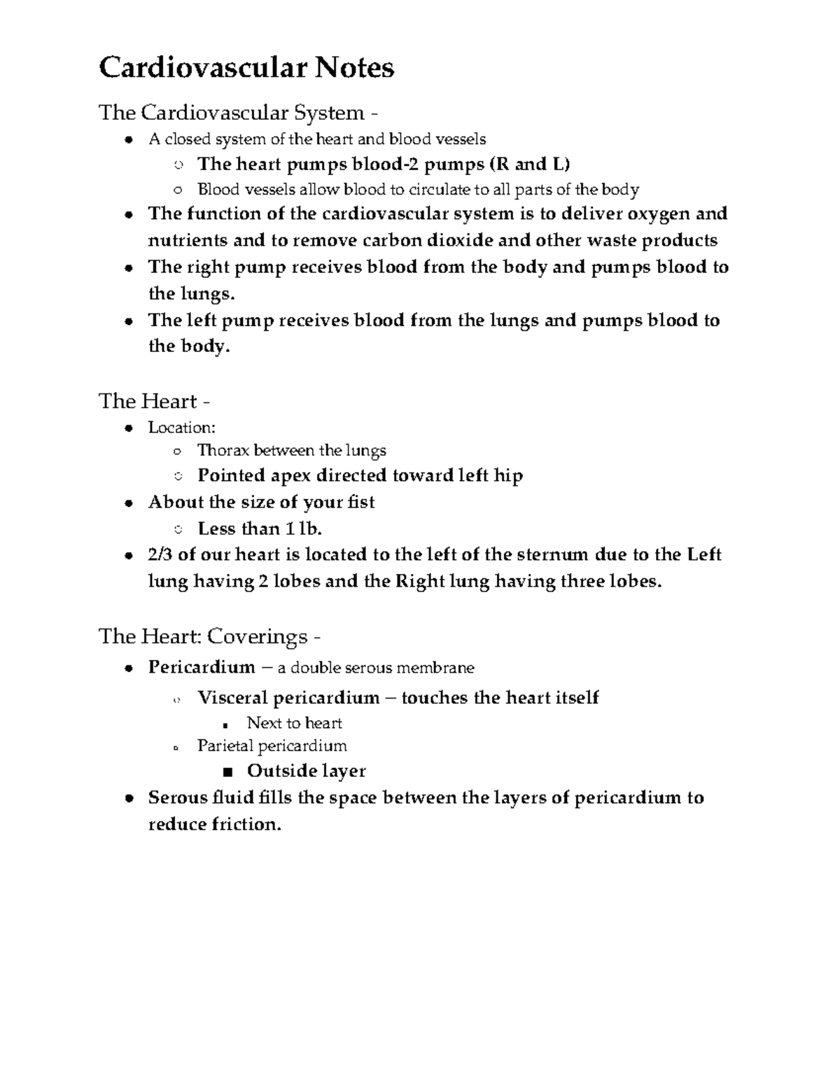 Cardiovascular Notes - The left pump receives blood from the lungs and ...