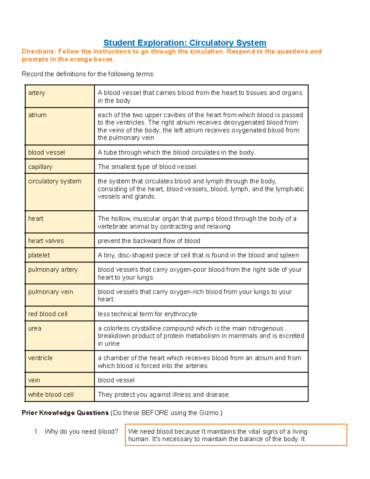 Circulatory System Workbook - Student Exploration: Circulatory System ...
