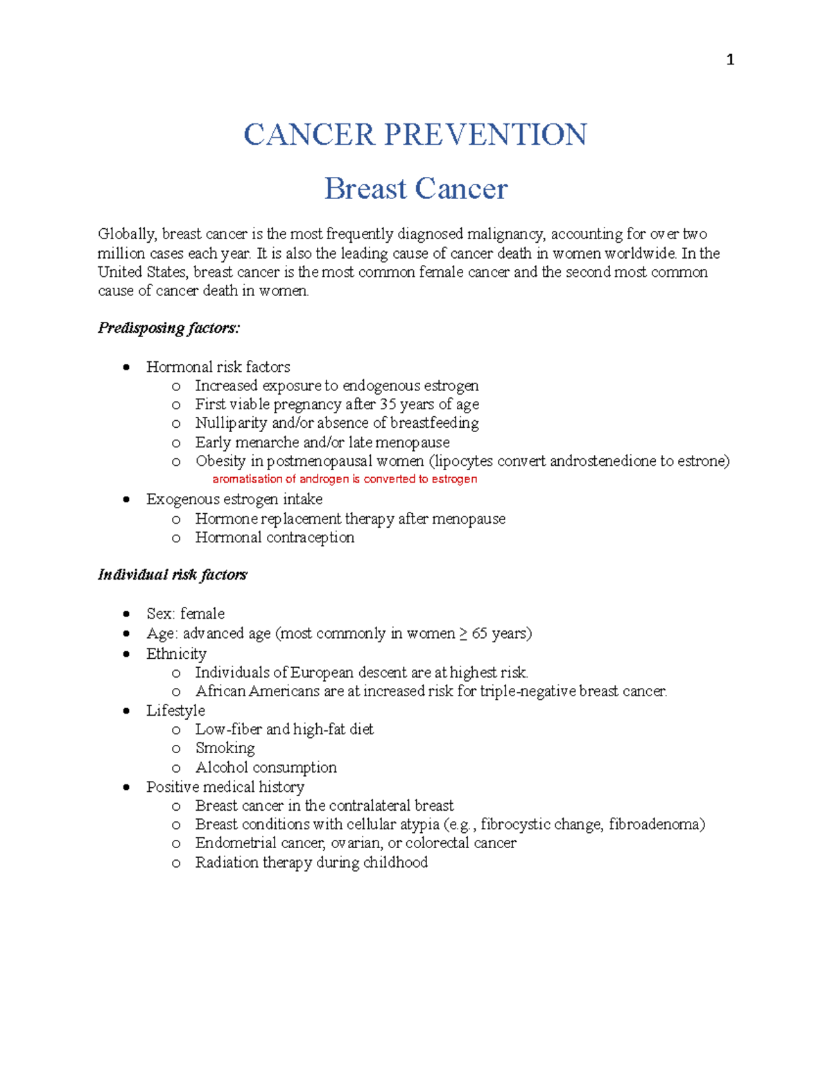 Cancer Prevention - Preventive medicine handout - CANCER PREVENTION ...