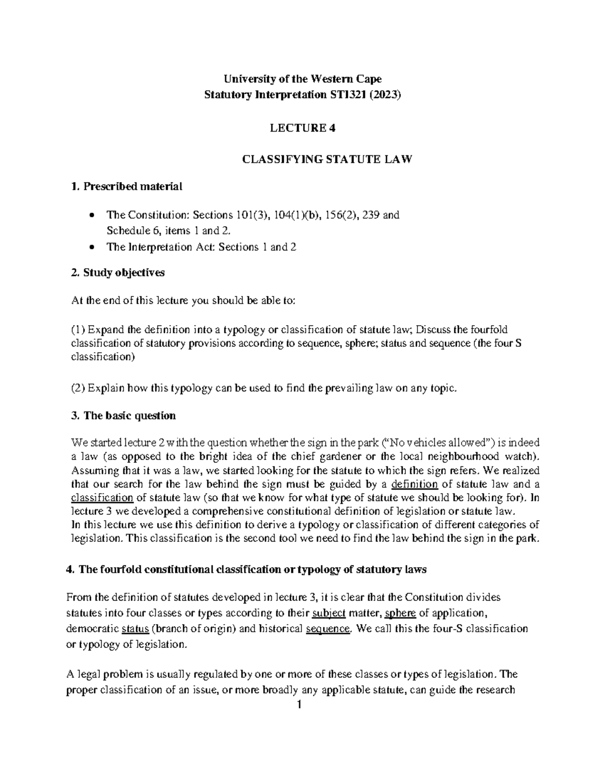 Lecture 4 2023 Classification of statutes - University of the Western ...
