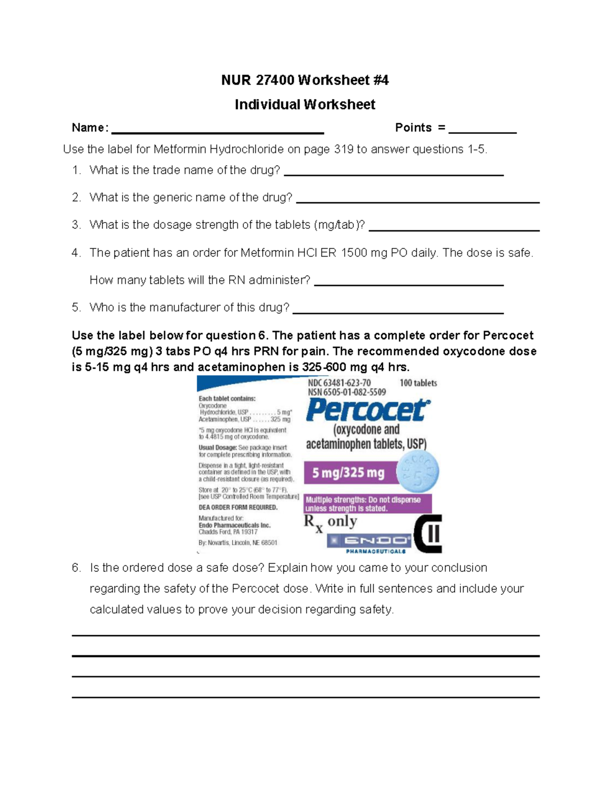 NUR 274 Worksheet 4 22 - Problems with answers for medication ...
