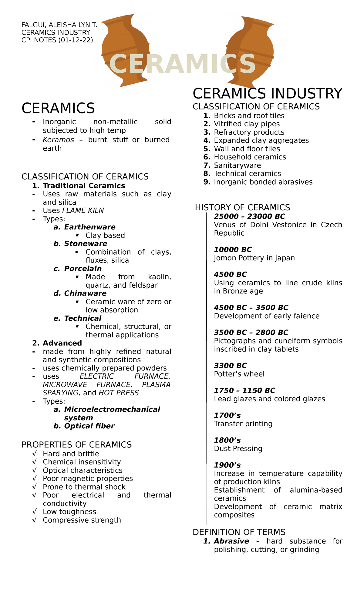 Notes on Ceramics Industry Reporting - FALGUI, ALEISHA LYN T. CERAMICS ...