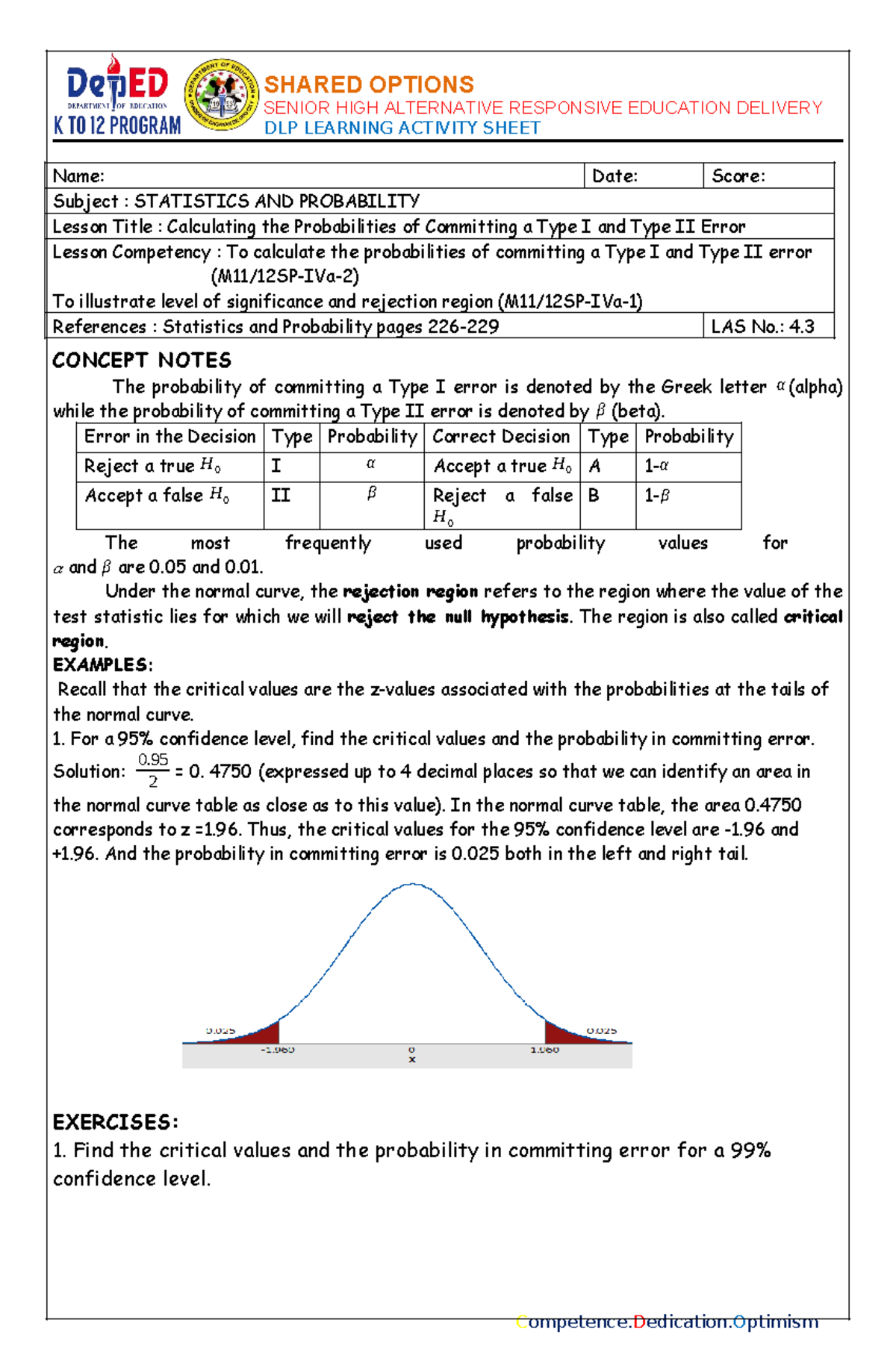 LAS 35 Calculating the Probabilities of Committing a Type I and Type II ...
