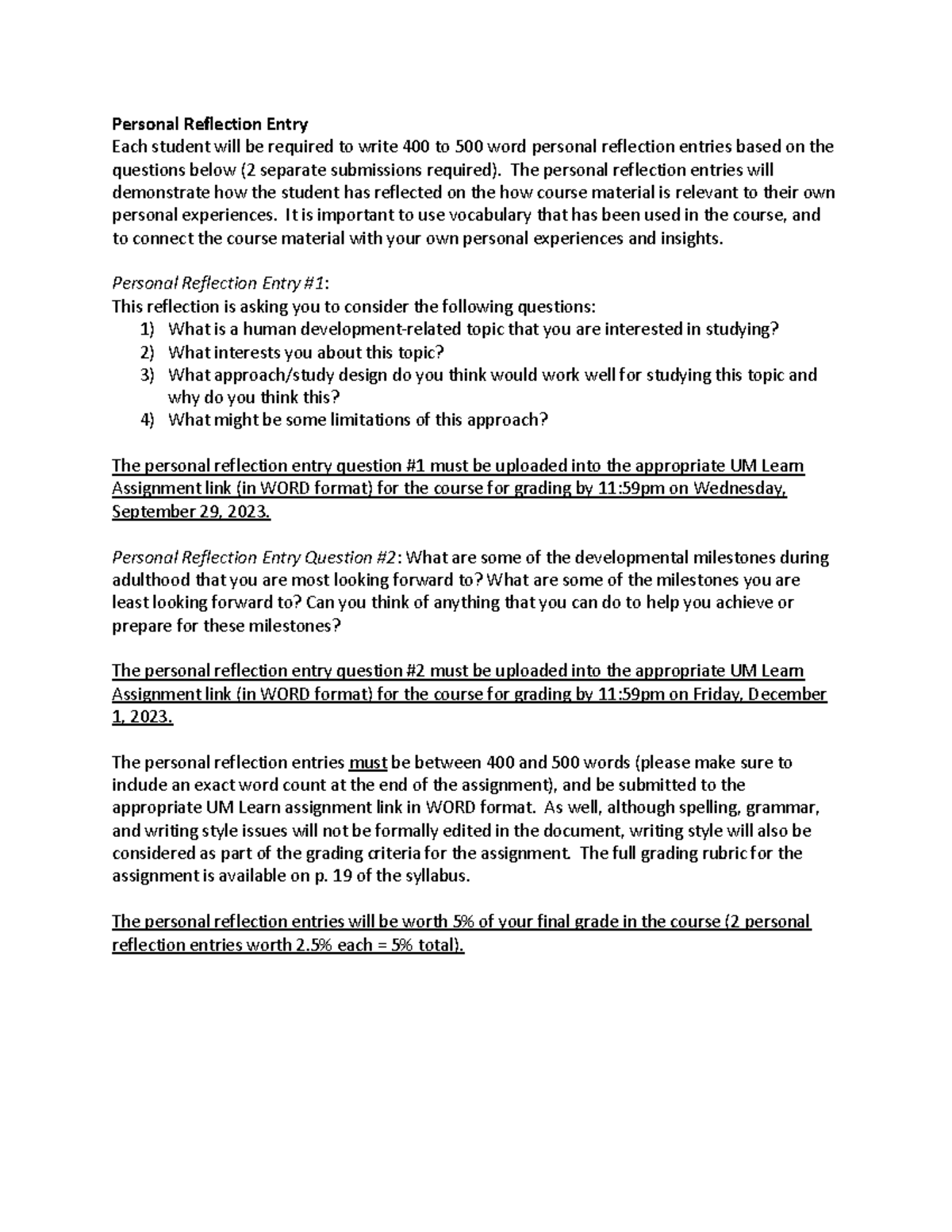 Personal Reflection Entries - Personal Reflection Entry Each student ...