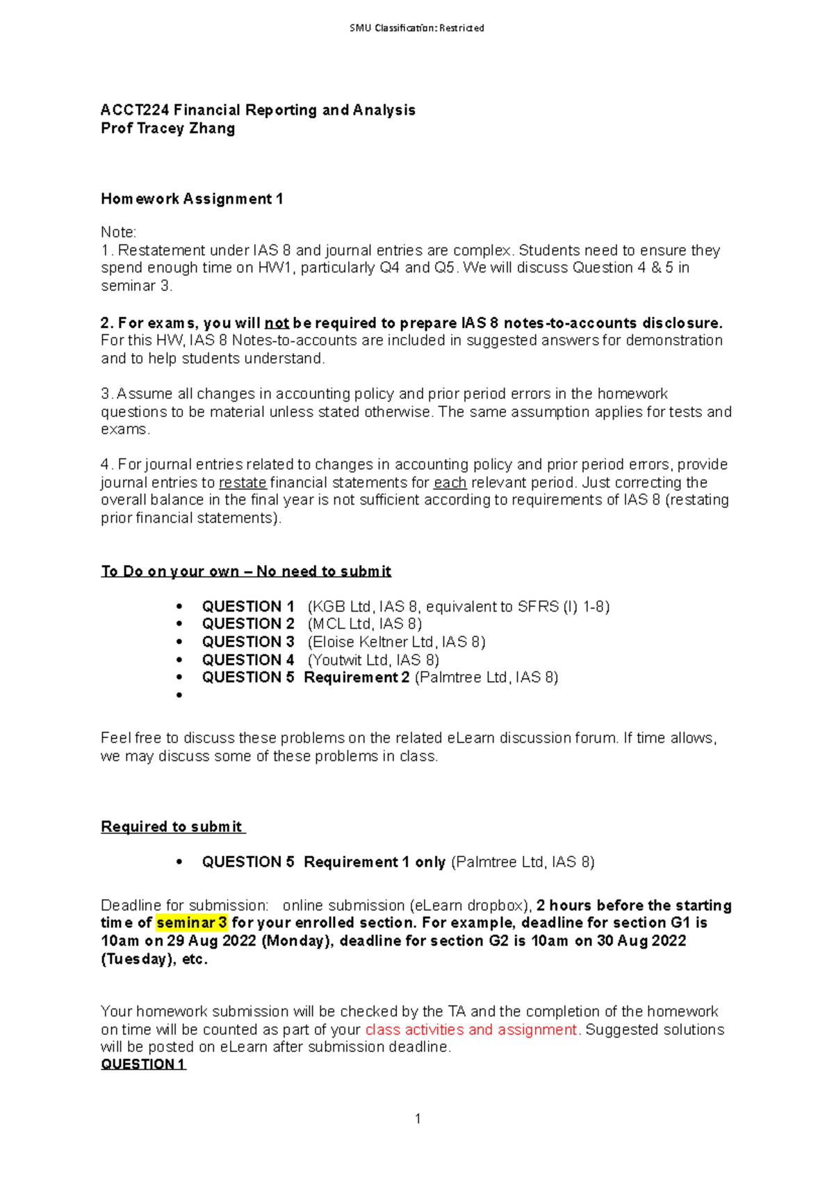 Assignment 1 Requirement - ACCT224 Financial Reporting and Analysis Prof Tracey Zhang Homework ...