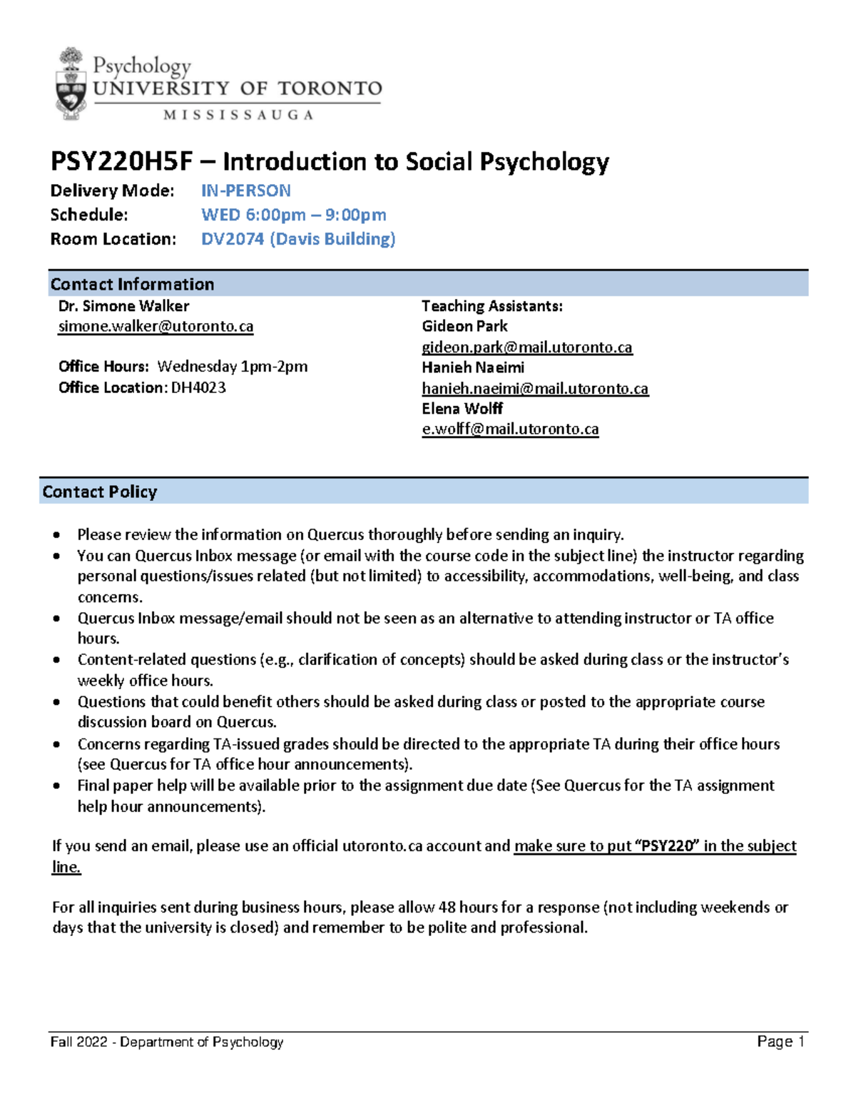 PSY220H5F - syllabus - PSY220H5F – Introduction to Social Psychology Delivery Mode: IN-PERSON ...
