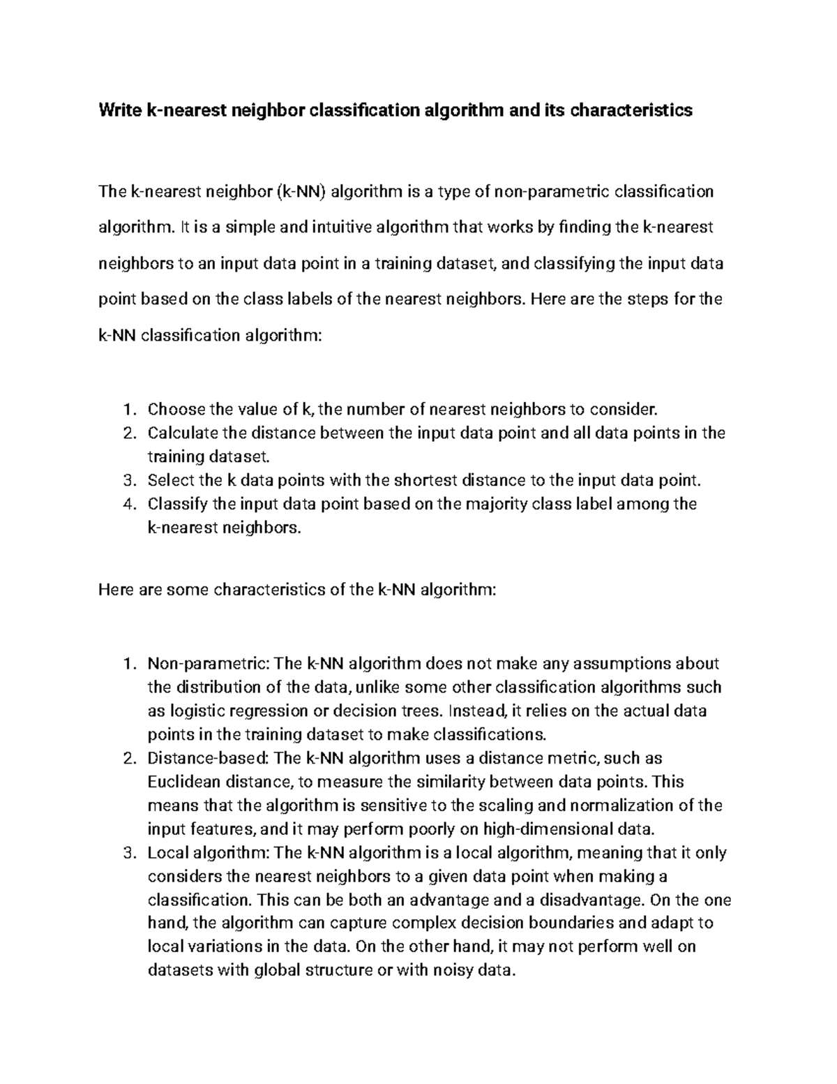 Write K Nearest Neighbor Classification Algorithm And Its Characteristics It Is A Simple And