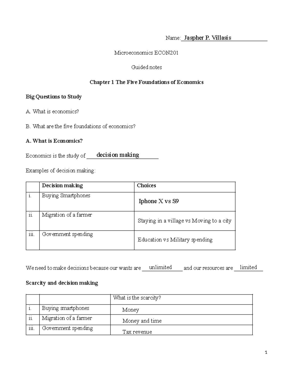 Guided Notes Ch 1 The Five Foundations of Economics - Name