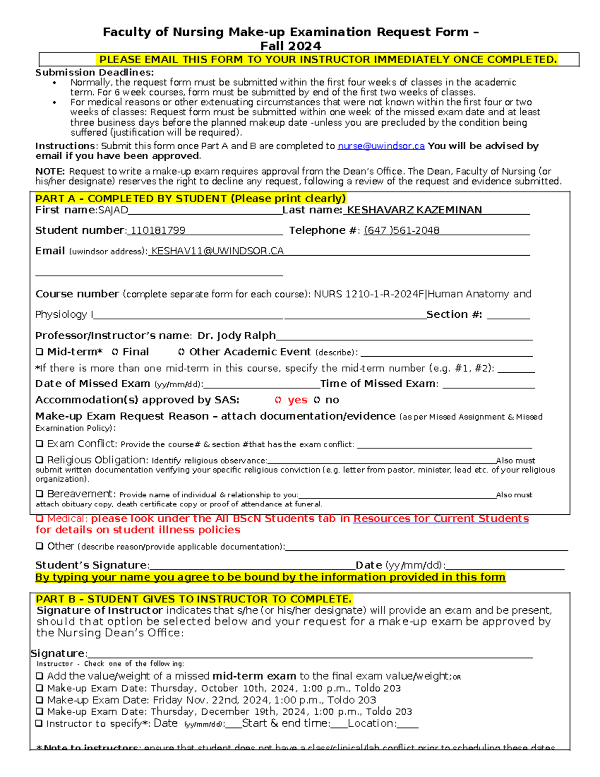 Revised Nursing Make-up Examination Request Form- Fall 2024 - PART B ...