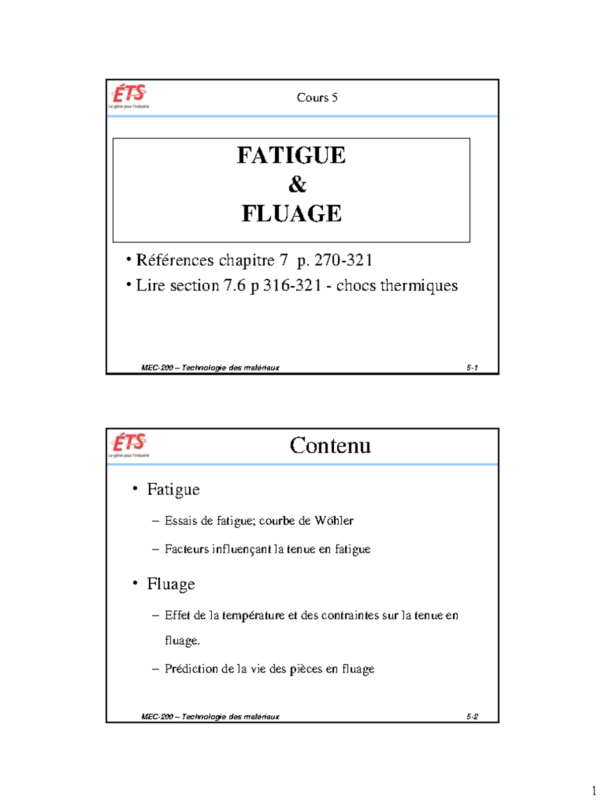 Cours 5- Fatigue-fluage-2019 - MEC- 200 – Technologie des matériaux 5 ...