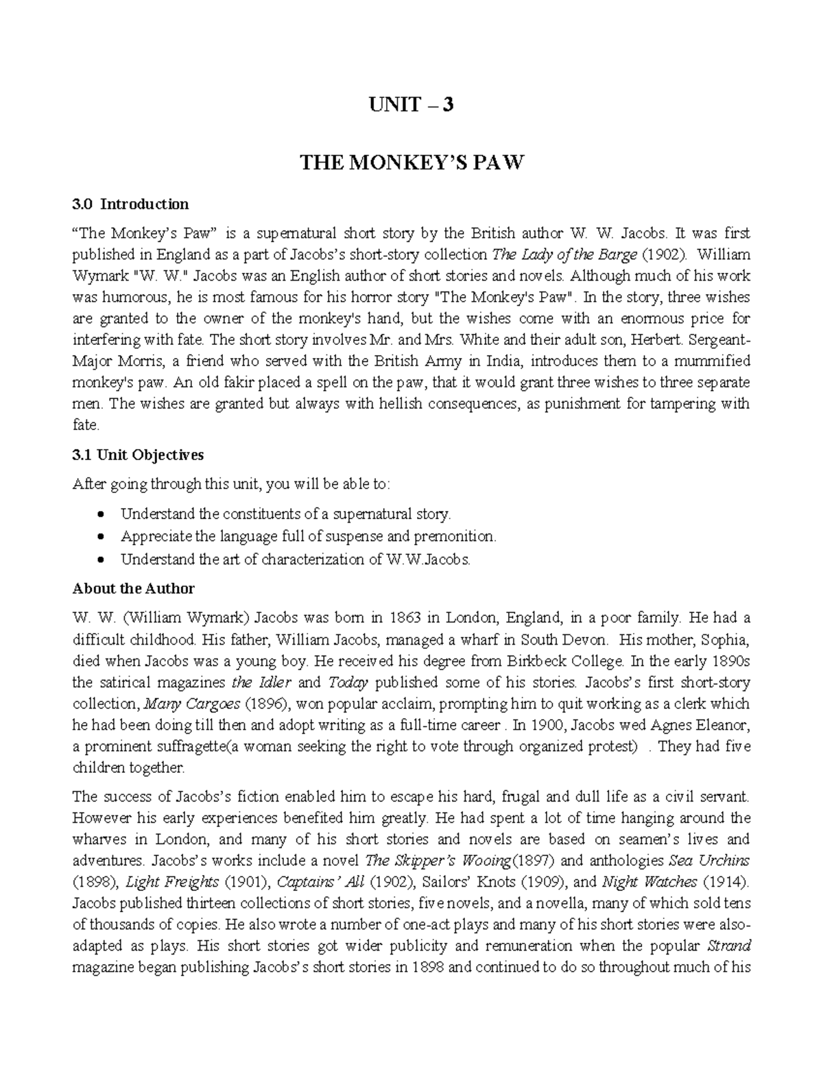 Pages from B - UNIT – 3 THE MONKEY’S PAW 3 Introduction “The Monkey’s ...