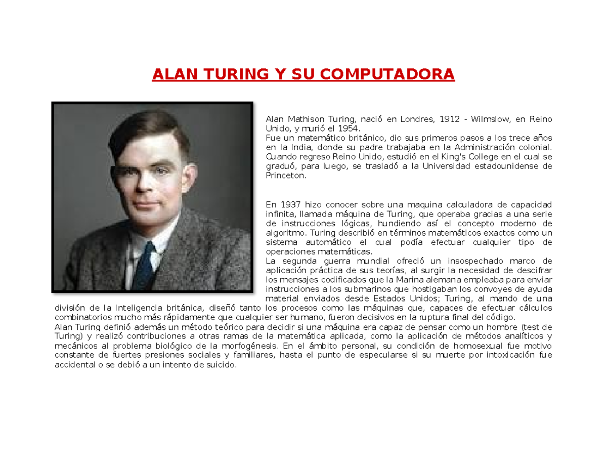 ALAN Turing Y SU Computadora - ALAN TURING Y SU COMPUTADORA Alan ...