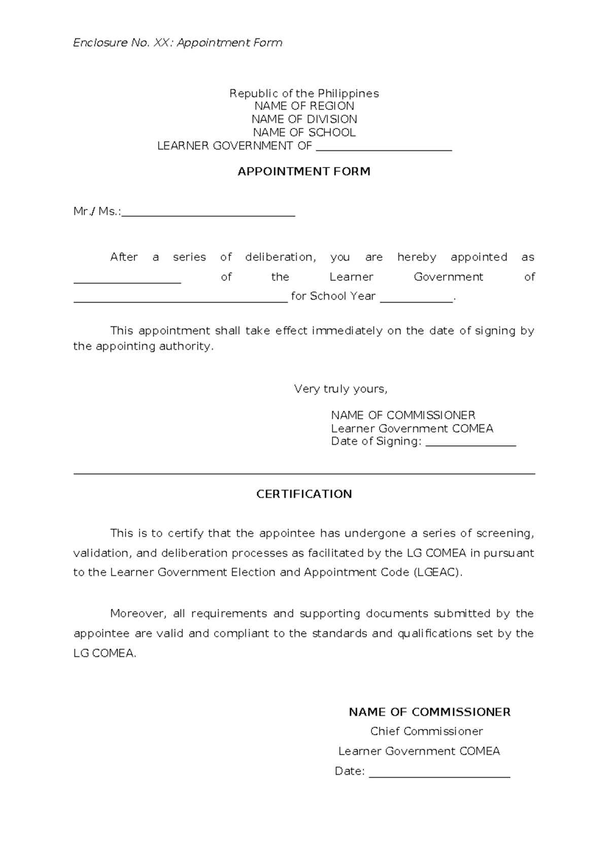 Enc.19 Appointment-Form - Enclosure No. XX: Appointment Form Republic ...
