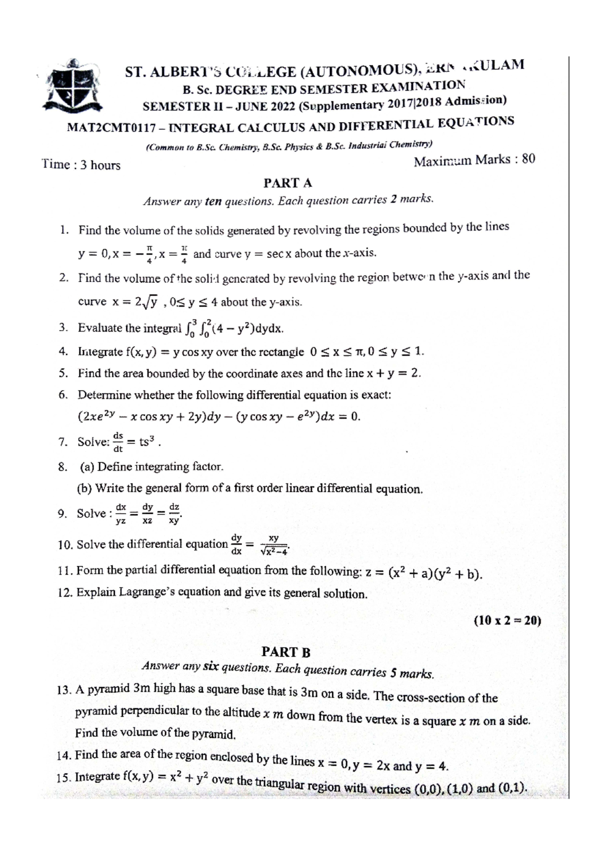Maths 2sem question paper-1 - ST. COLLEGE (AUTONOMOUS), ERN KULAM B. Sc ...