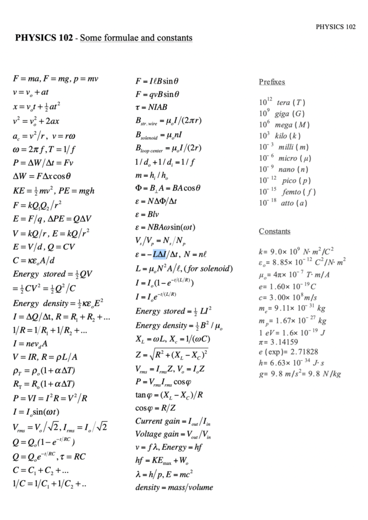 This is all the formulas you need for phys 102 hope this helps - Phys ...