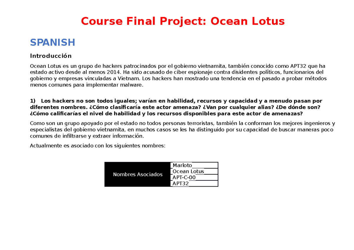 Ocean Lotus - Apuntes - SPANISH Introducción Ocean Lotus es un grupo de ...