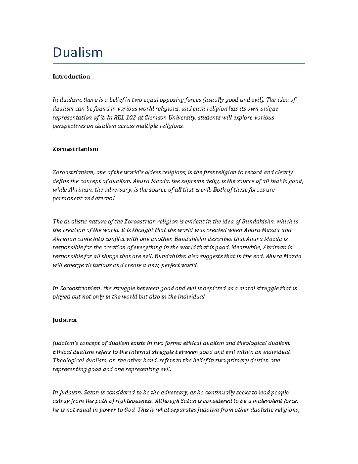 Dualism - World Religions (REL 102) Lecture notes - Dualism ...