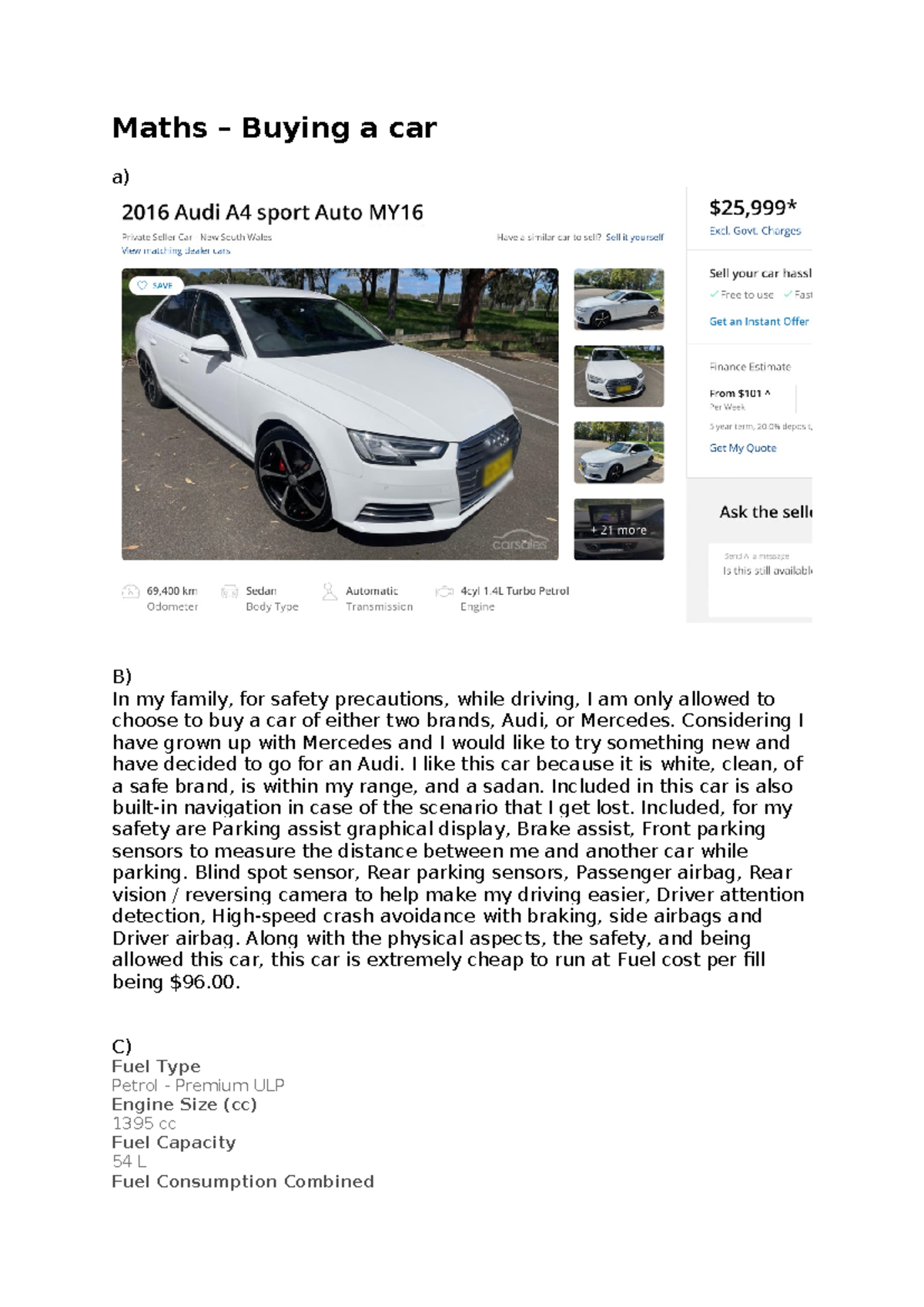 Maths - car - n.a. - Maths – Buying a car a) B) In my family, for ...