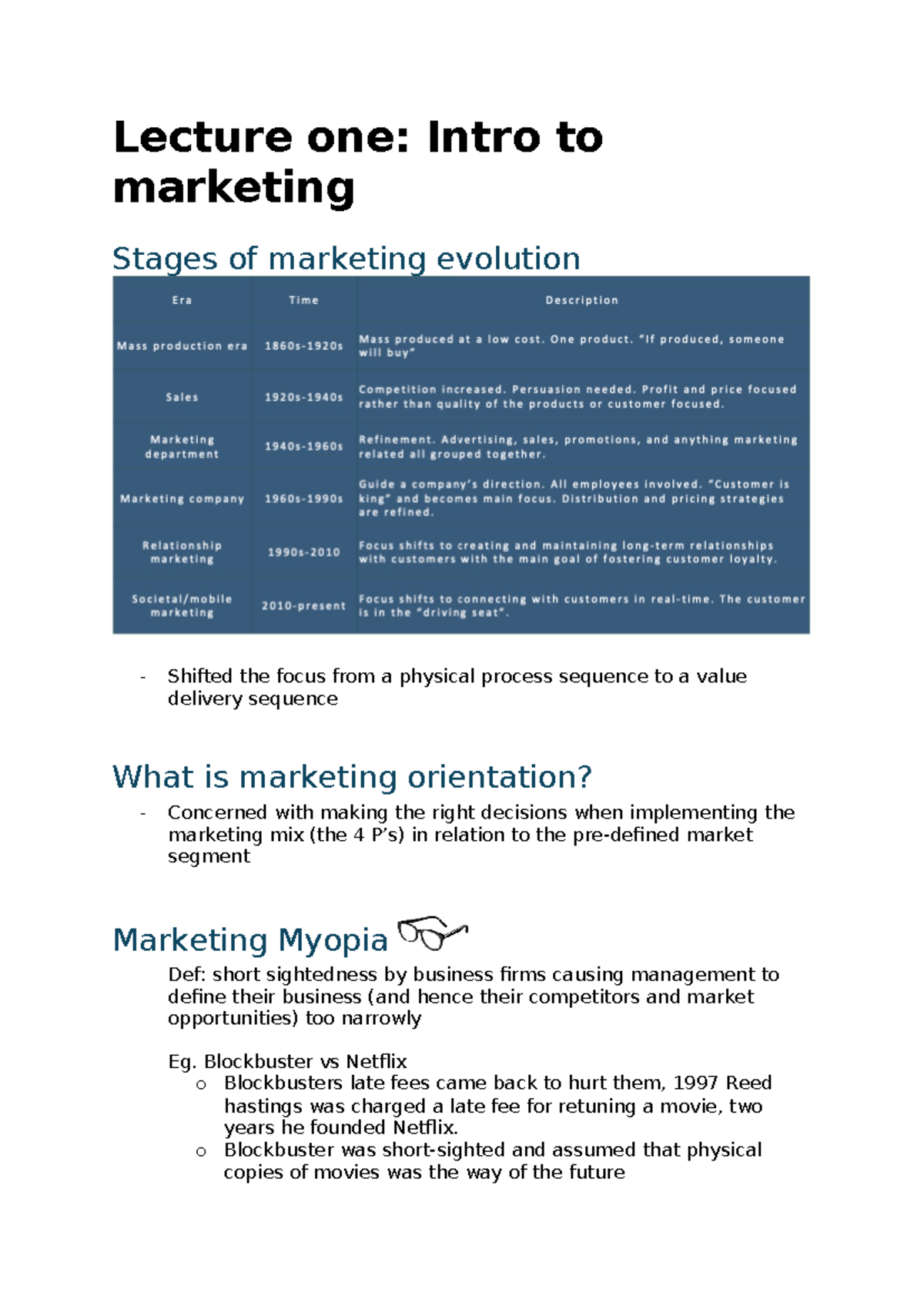 Lecture one Notes - Lecture one: Intro to marketing Stages of marketing ...