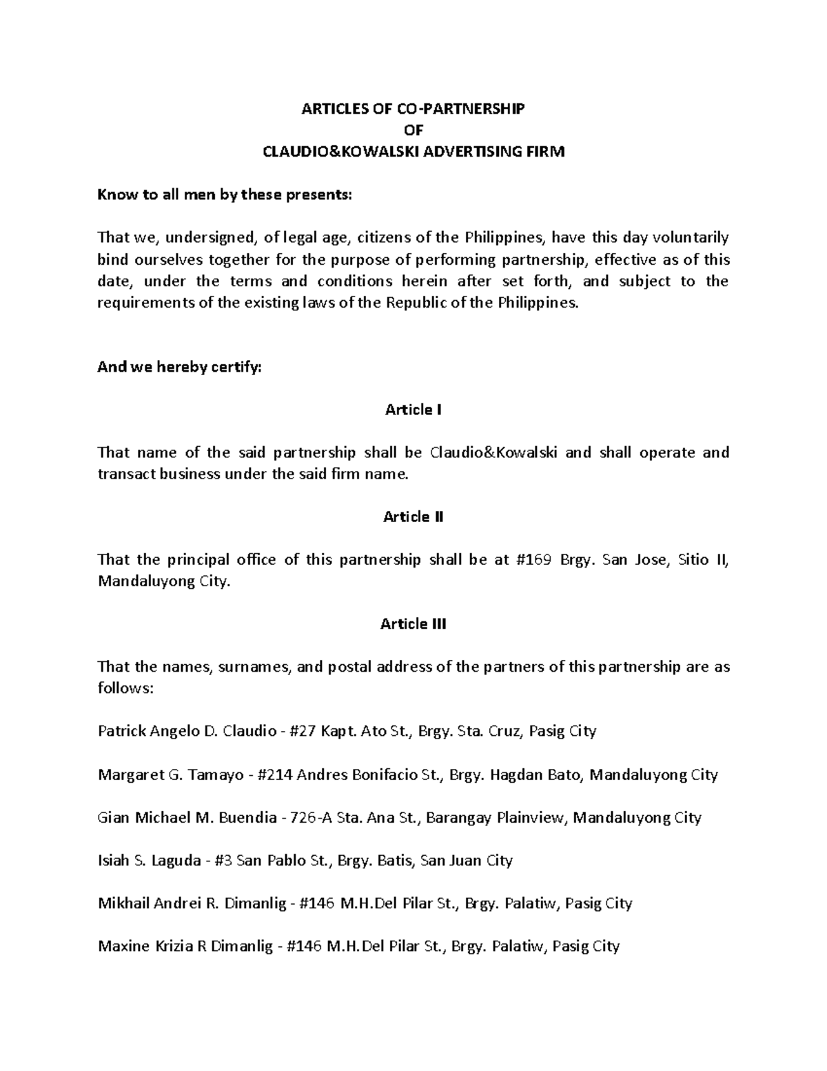 Articles of Co partnership - ARTICLES OF CO-PARTNERSHIP OF CLAUDIO ...