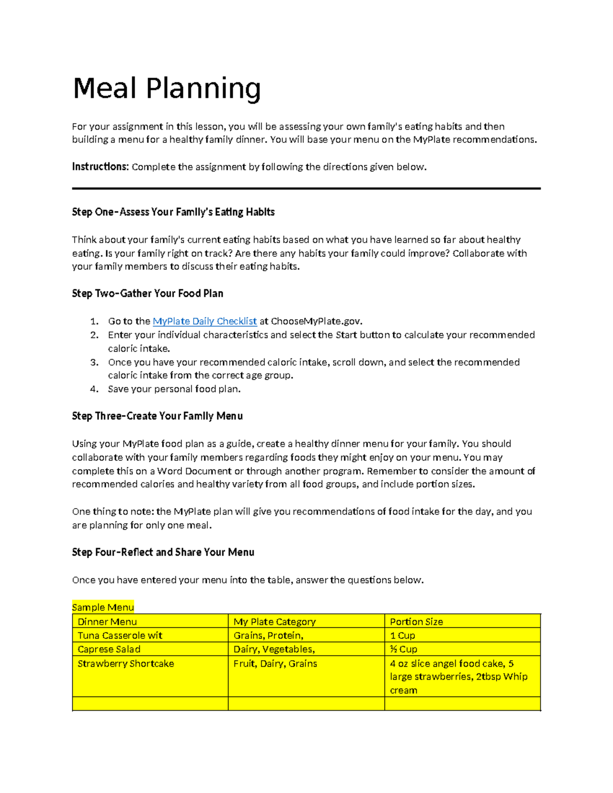 04 03 05 - Meal Planning For your assignment in this lesson, you will ...