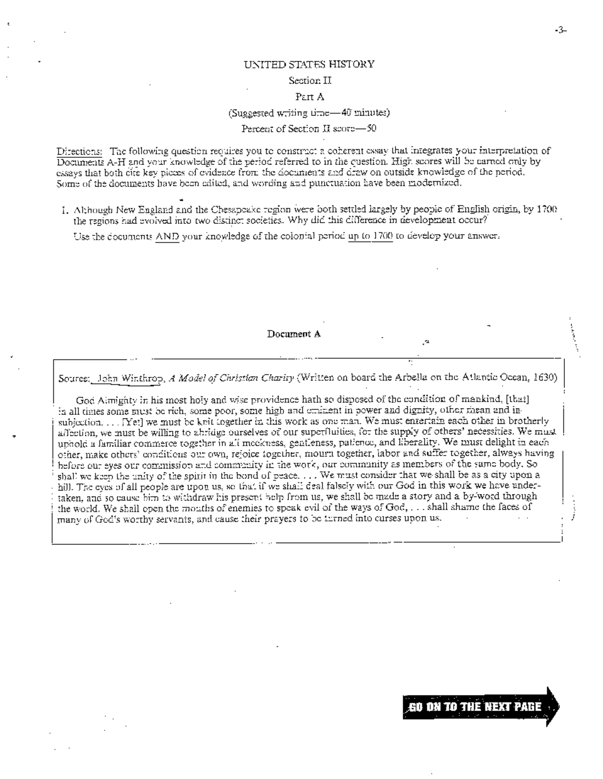 New England and Chesapeake DBQ - UNITED STATES HISTORY Section II Part ...