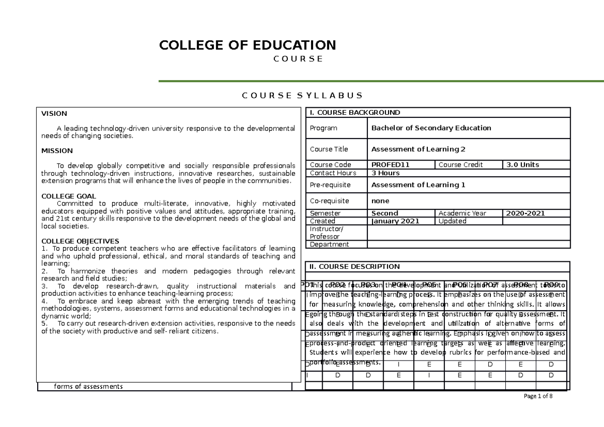 Profed 11 Syllabus Sample - C O U R S E C O U R S E S Y L L A B U S III ...