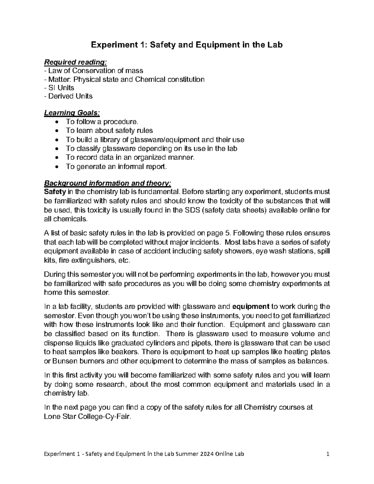 Chem 1411 - Experiment 1 - Safety and Equipment lab copy - Experiment 1 ...