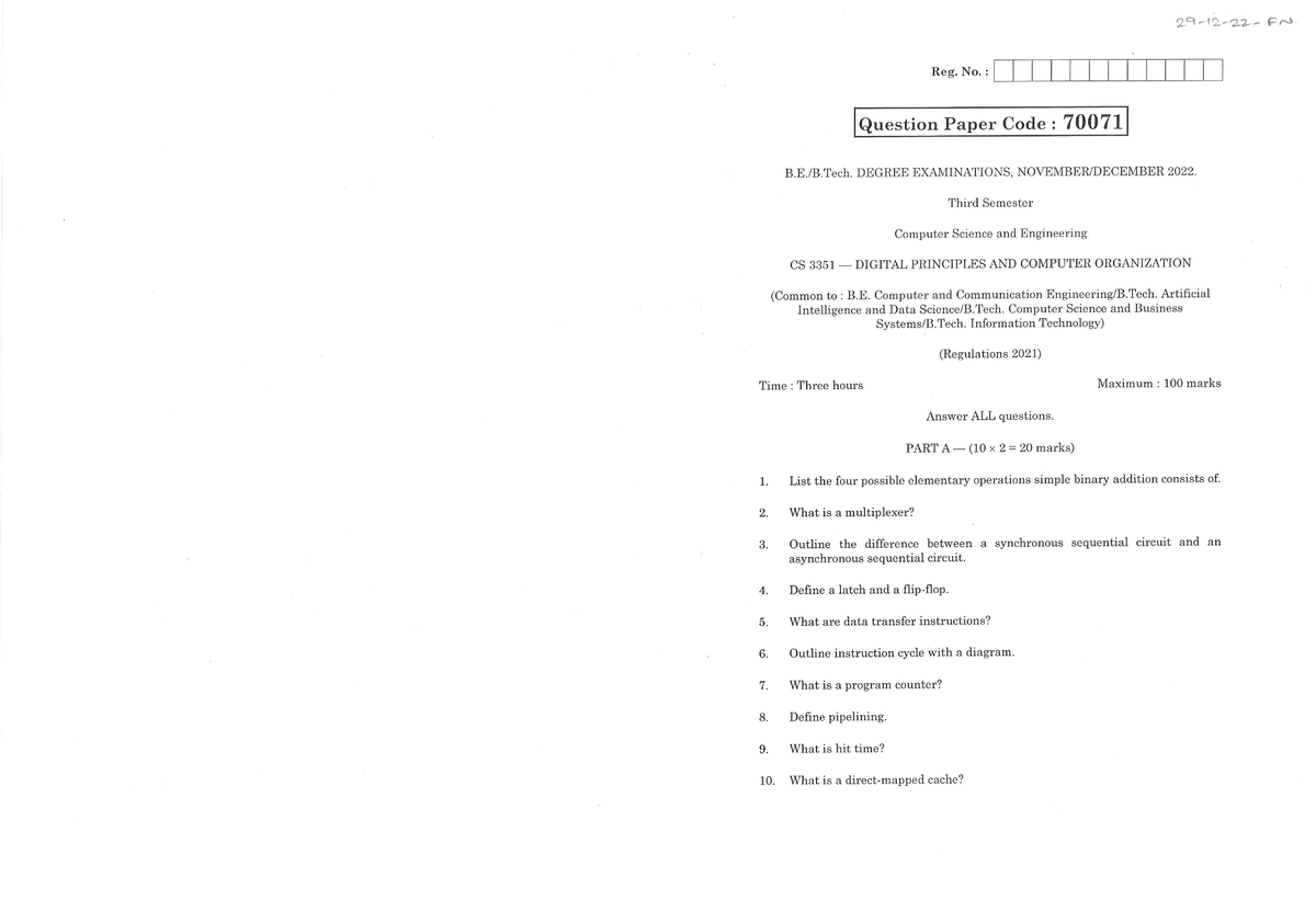 Digital Principles and Computer Organization - CS3351 2021 Regulation ...