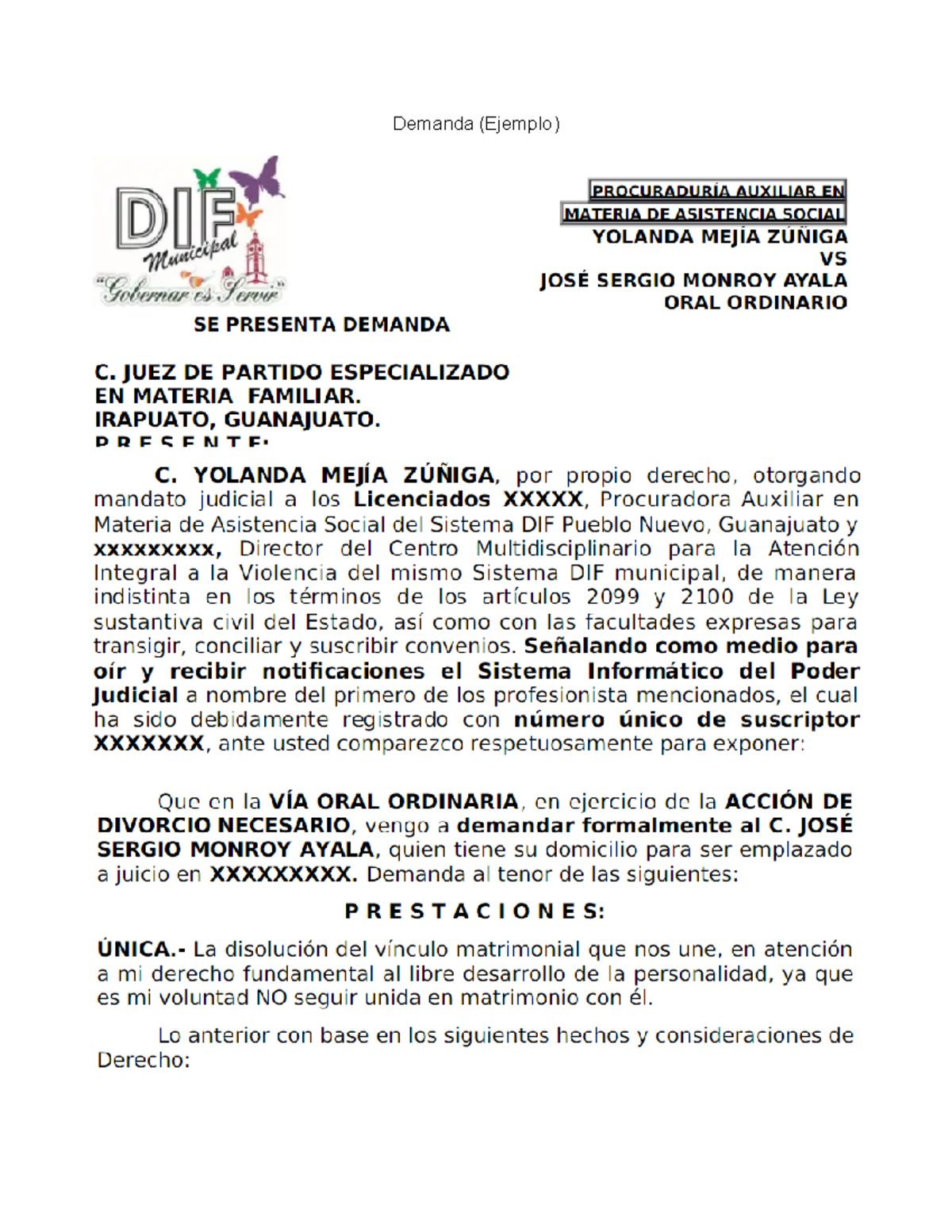 Demanda - Formato practico - Demanda (Ejemplo) FERNÁNDA, y EMILIANO ...