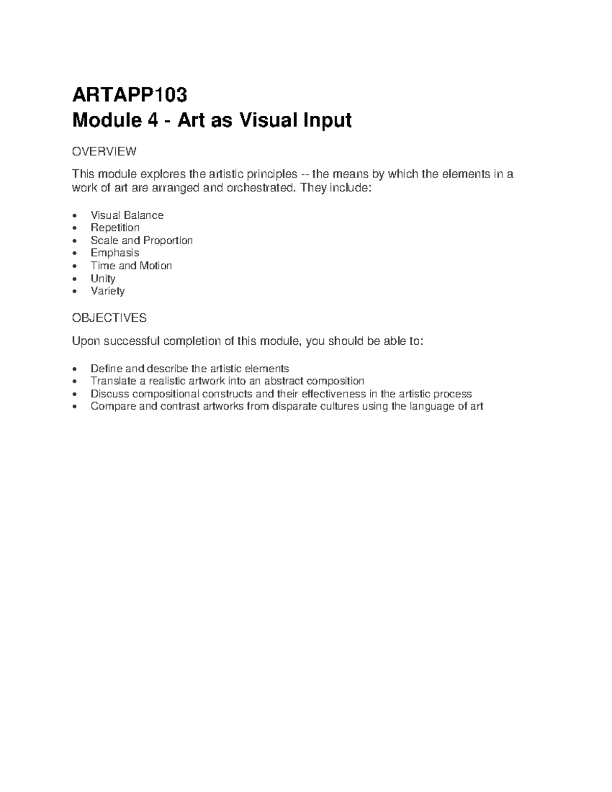 Artapp MOD 4 8 - ARTAPP Module 4 - Art as Visual Input OVERVIEW This module explores the ...