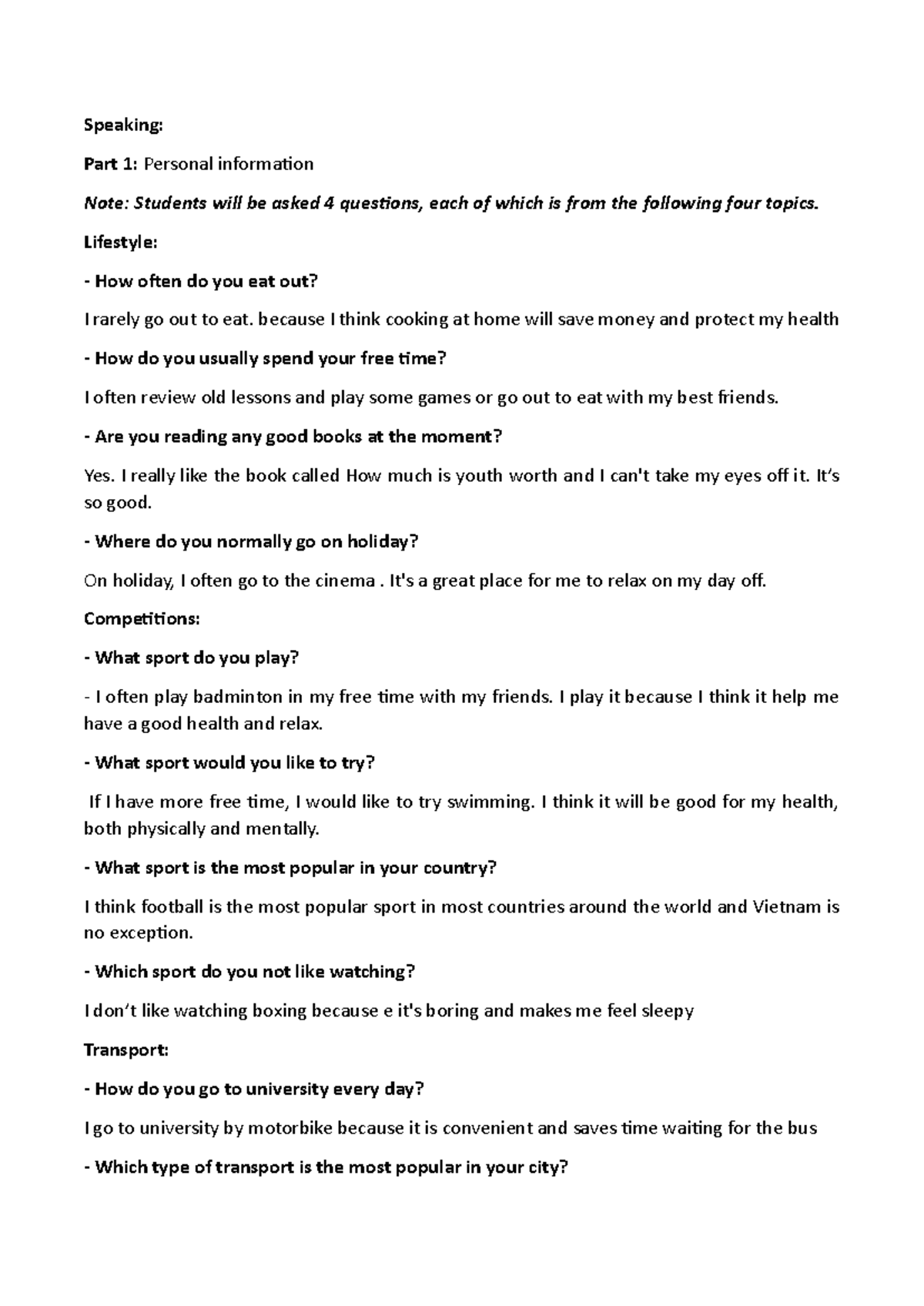 Speaking - Speaking: Part 1: Personal information Note: Students will ...