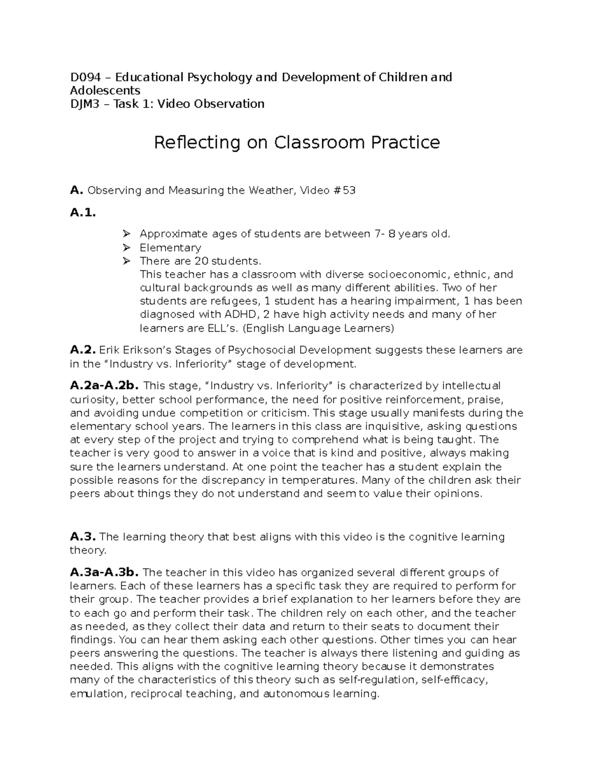 D094-Task 1 - Task 1 - D094 – Educational Psychology and Development of ...