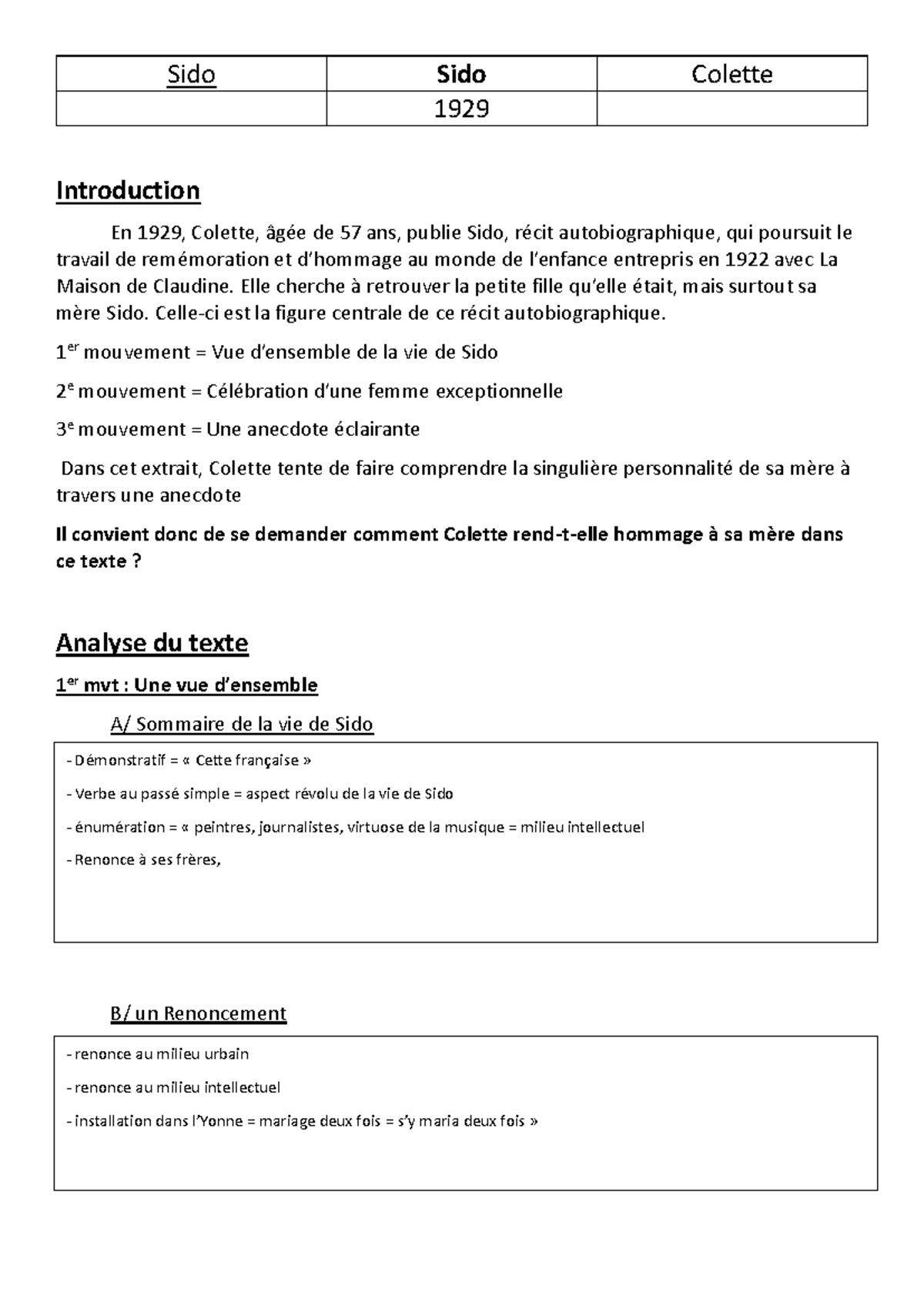 Etude texte Sido - adazd - Sido Sido Colette 1929 Introduction En 1929 ...