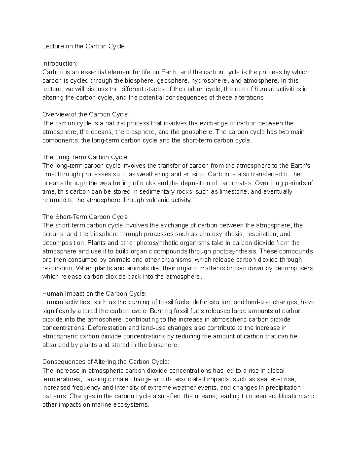 Lecture on the Carbon Cycle - Lecture on the Carbon Cycle Introduction ...