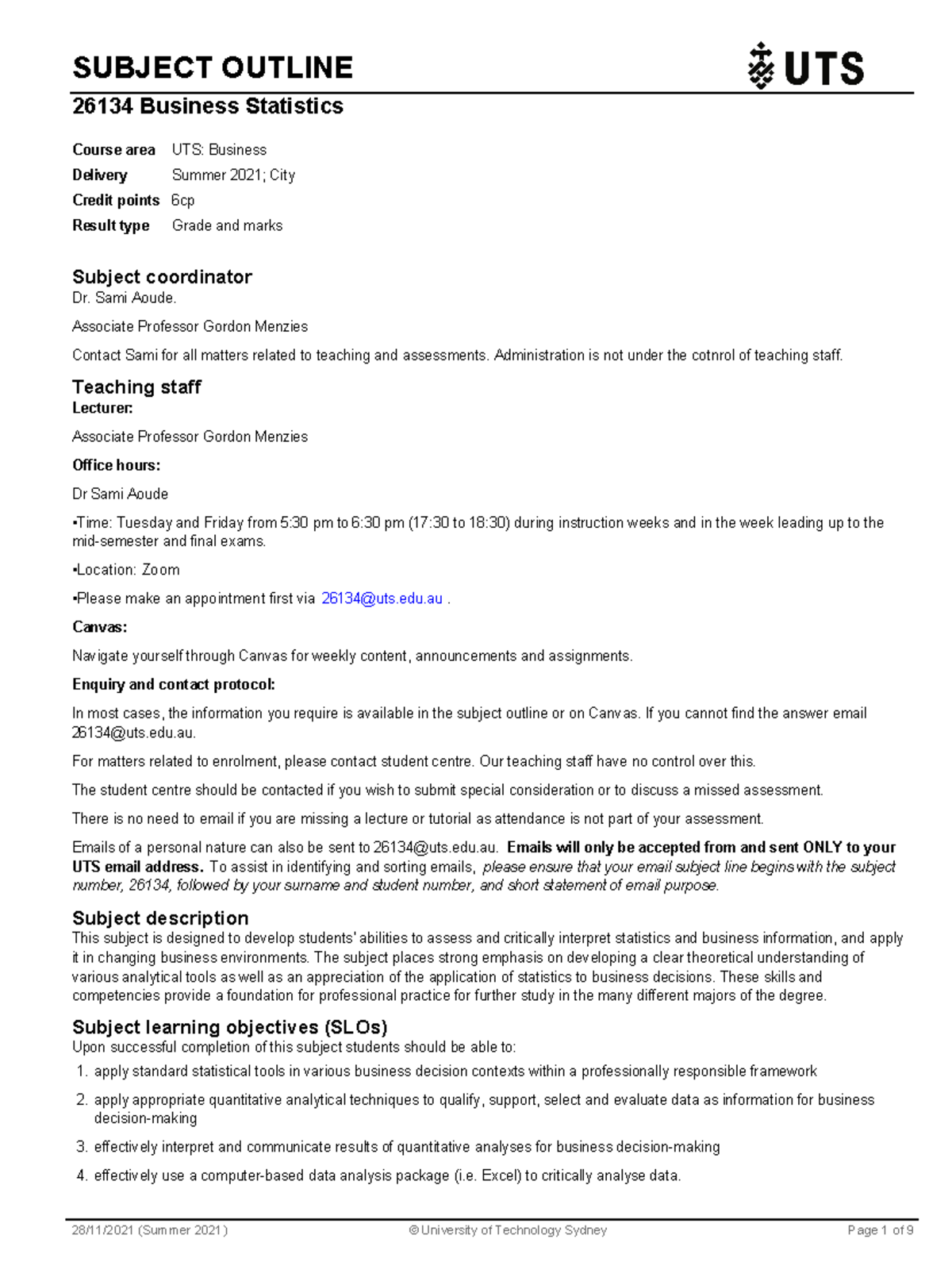 Business Statistics Course Outline - Studocu