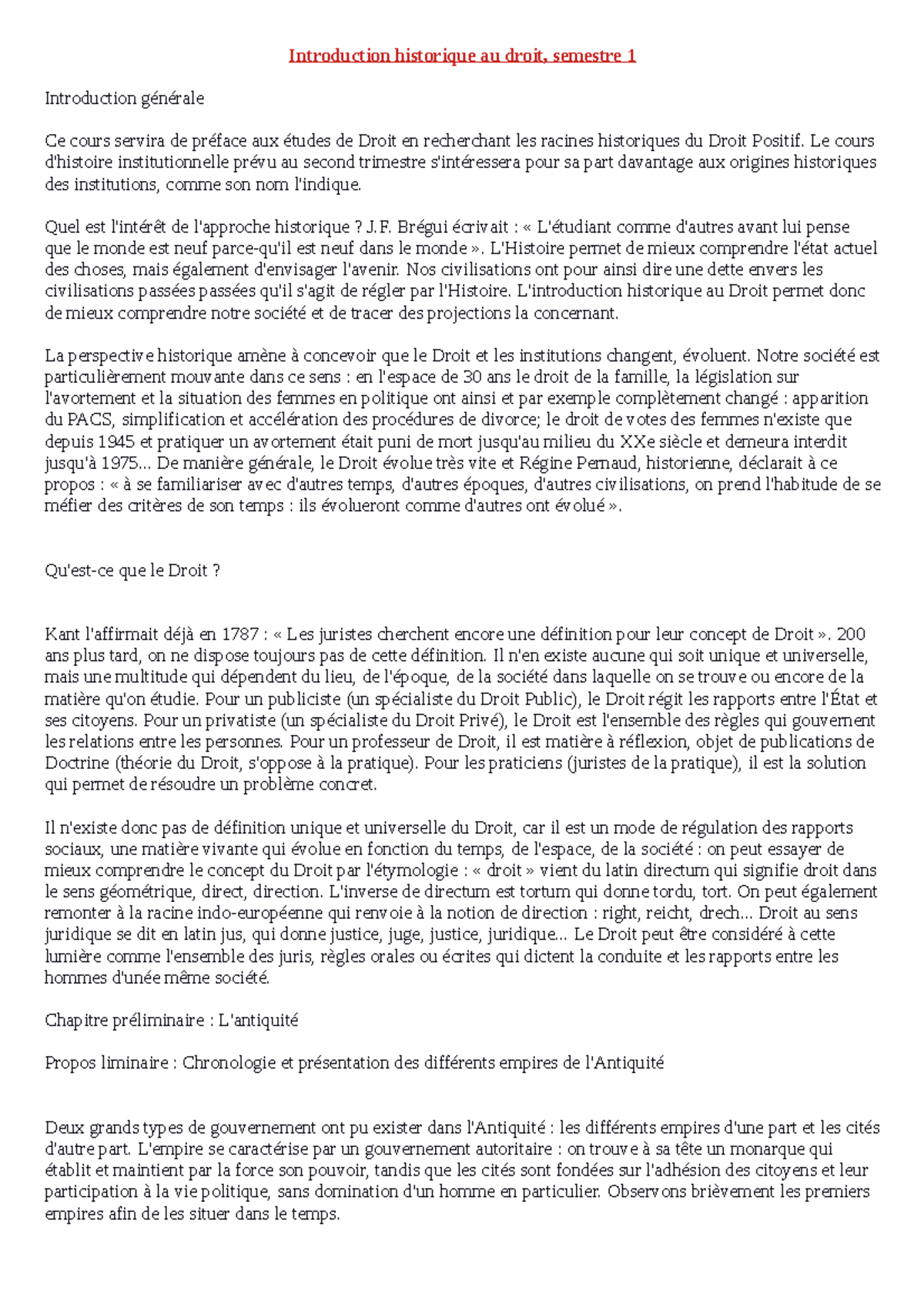 Introduction Historique AU Droit - Introduction historique au droit, semestre 1 Introduction ...