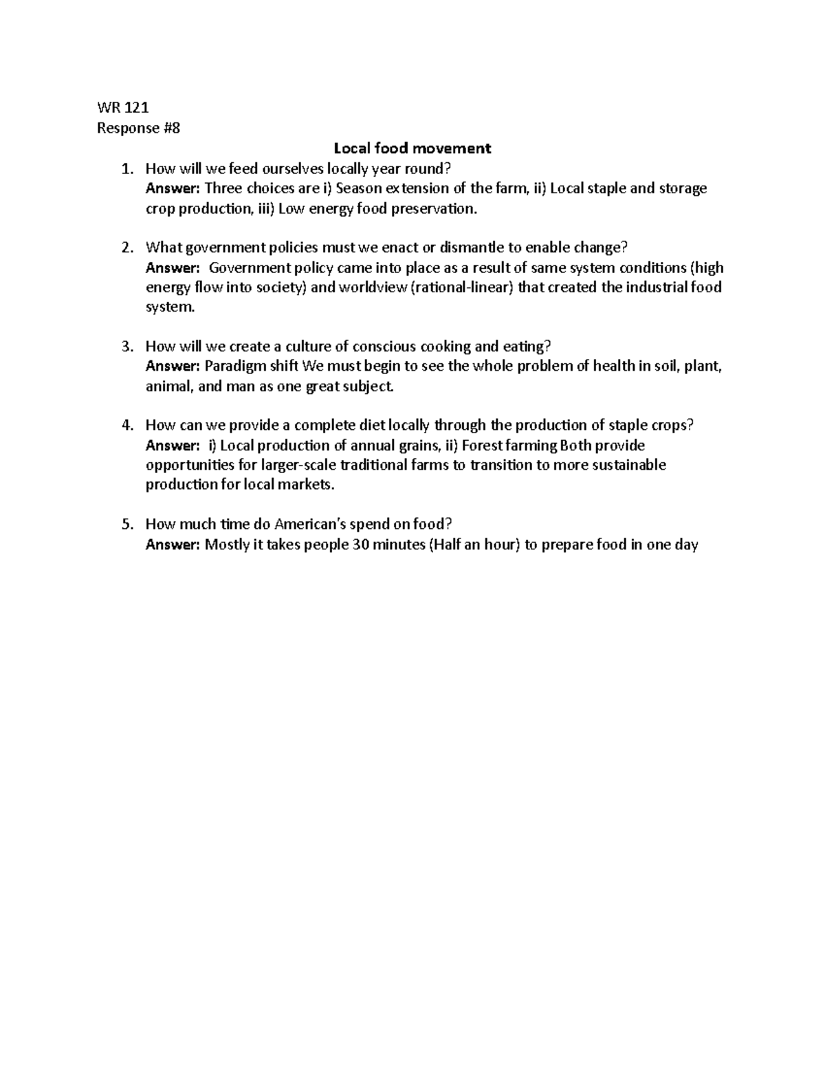 WR 121 - Response #8 assignment - WR 121 Response # Local food movement ...