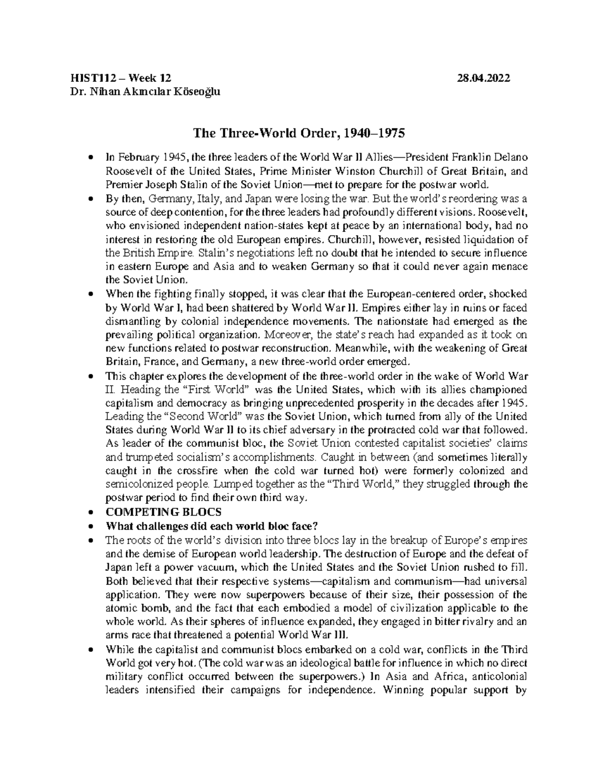 Week 12 - HIST112 - history - HIST112 – Week 12 28. Dr. Nihan Akıncılar ...