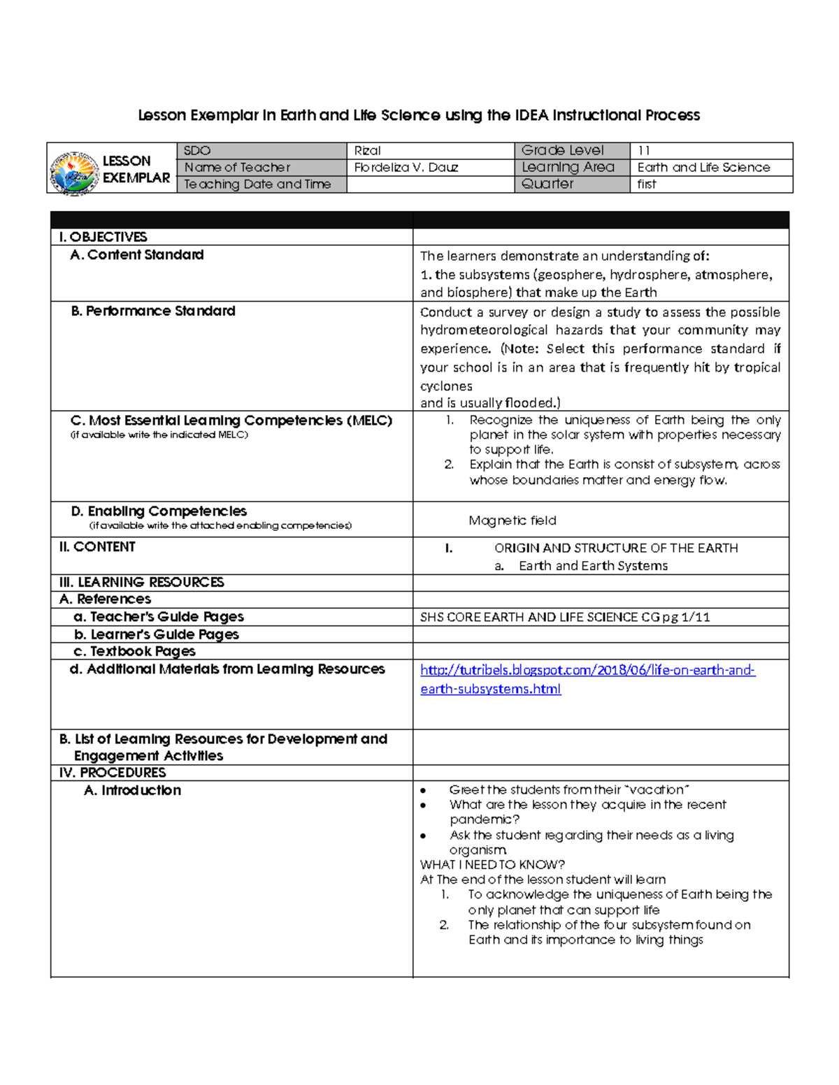 479571184 Earth AND LIFE Science Exemplar First Quarter First WEEK1 ...