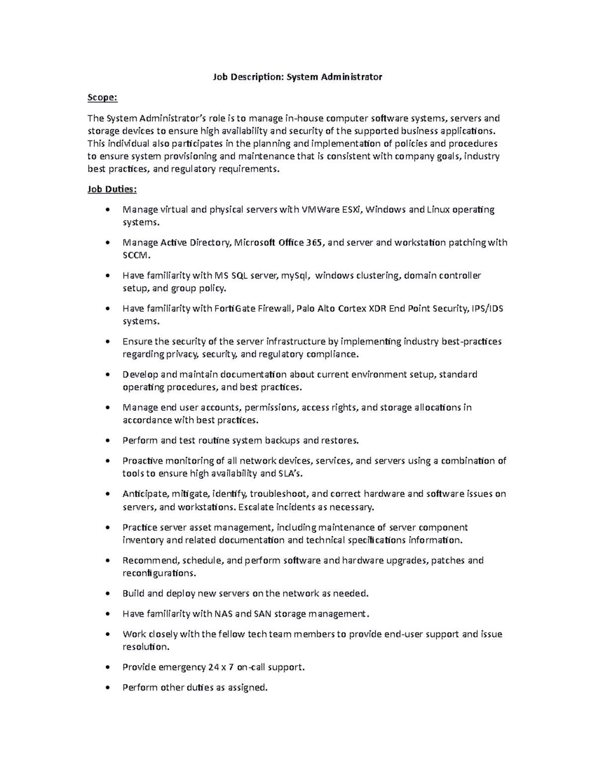 JD - System Administrator - Job Description: System Administrator Scope ...