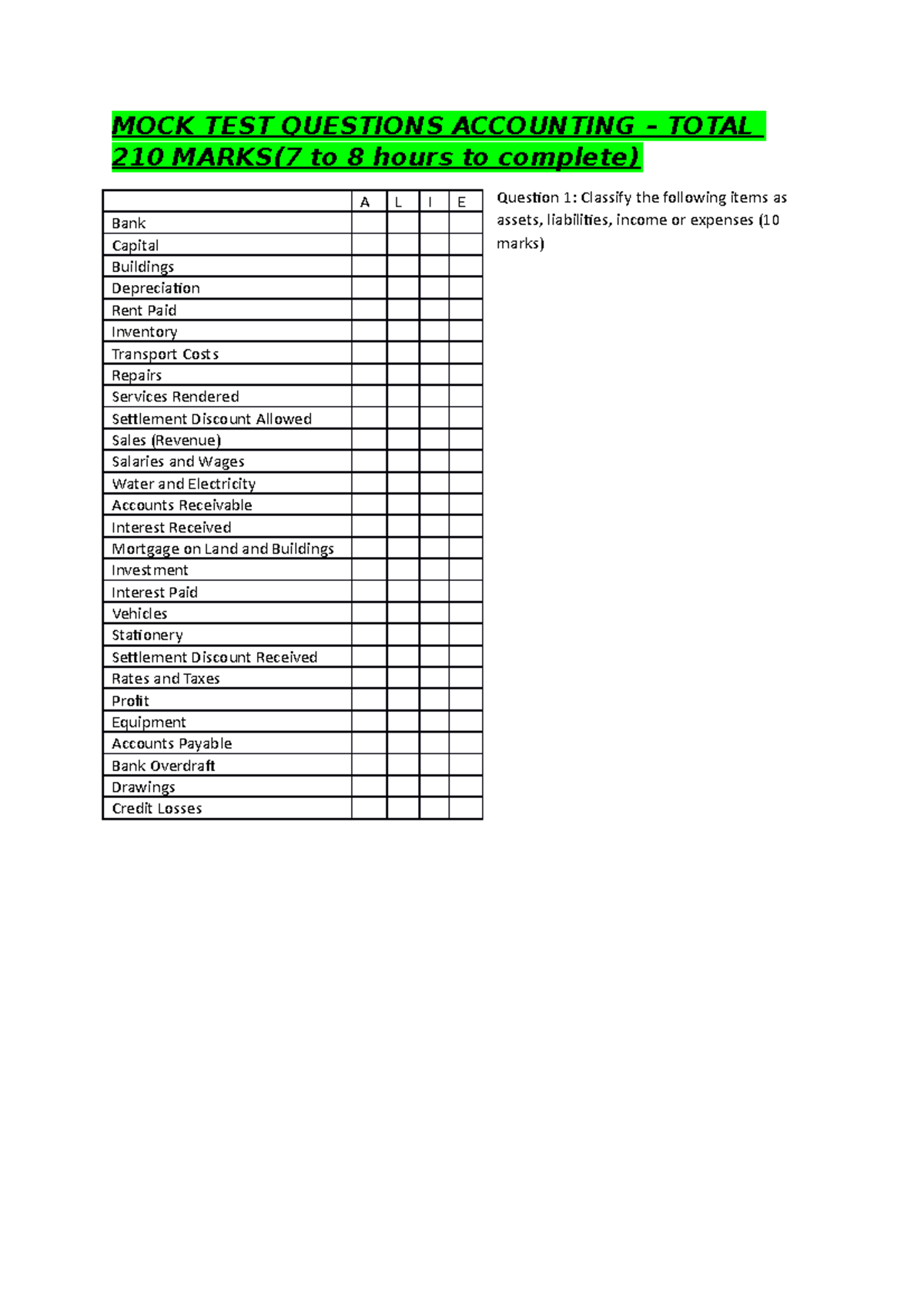 Mock Test 1- Take Home - MOCK TEST QUESTIONS ACCOUNTING – TOTAL 210 ...