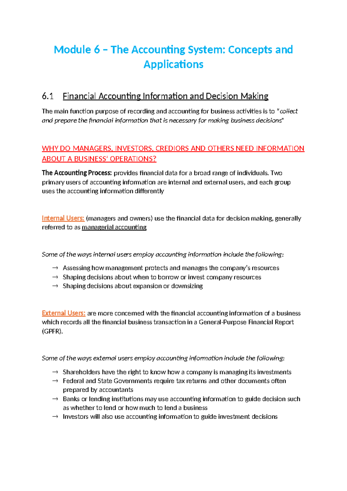 Module 6 Lecture Notes Module 6 The Accounting System Concepts And Applications 6 Financial