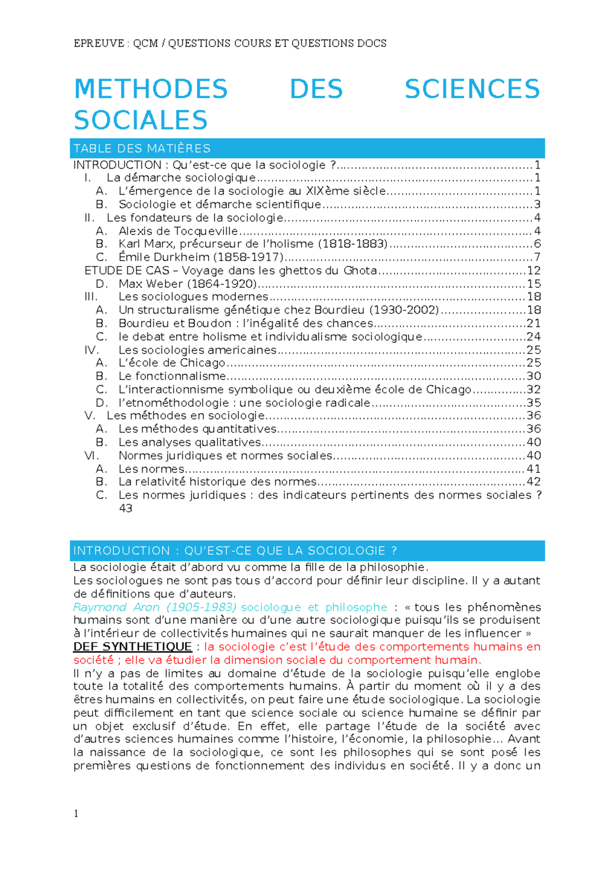 Cours MSS - METHODES DES SCIENCES SOCIALES TABLE DES MATIÈRES INTRODUCTION : Qu’est-ce que la ...
