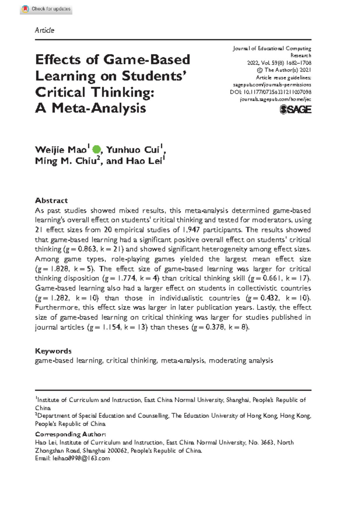 Effects of Game-Based - Article Effects of Game-Based Learning on ...