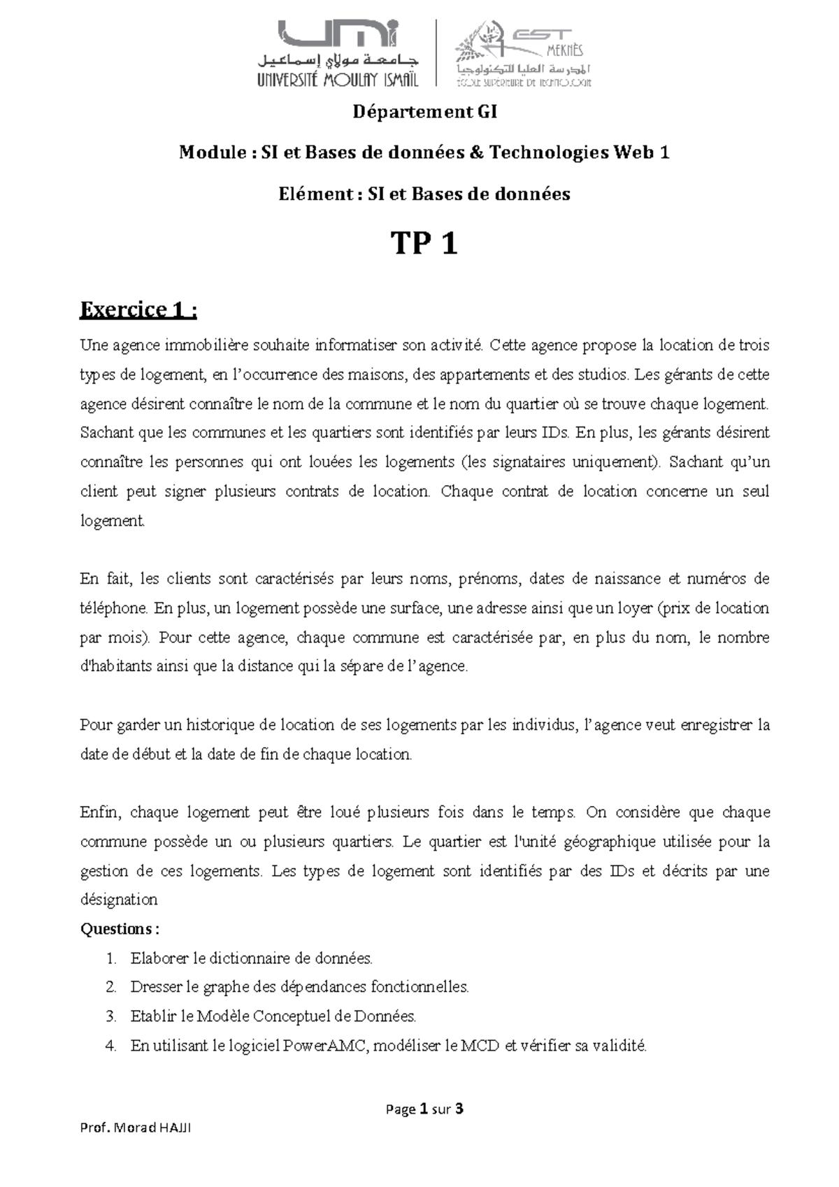 TP 1 - tp1 - Page 1 sur 3 Prof. Morad HAJJI Département GI Module : SI et Bases de données ...