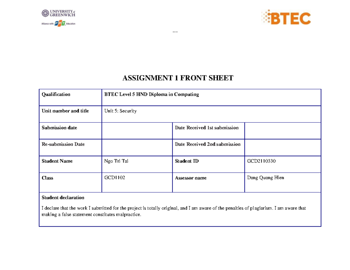 1623 security Assignment 1 Ngo Tri Tai - ASSIGNMENT 1 FRONT SHEET Qualification BTEC Level 5 HND ...