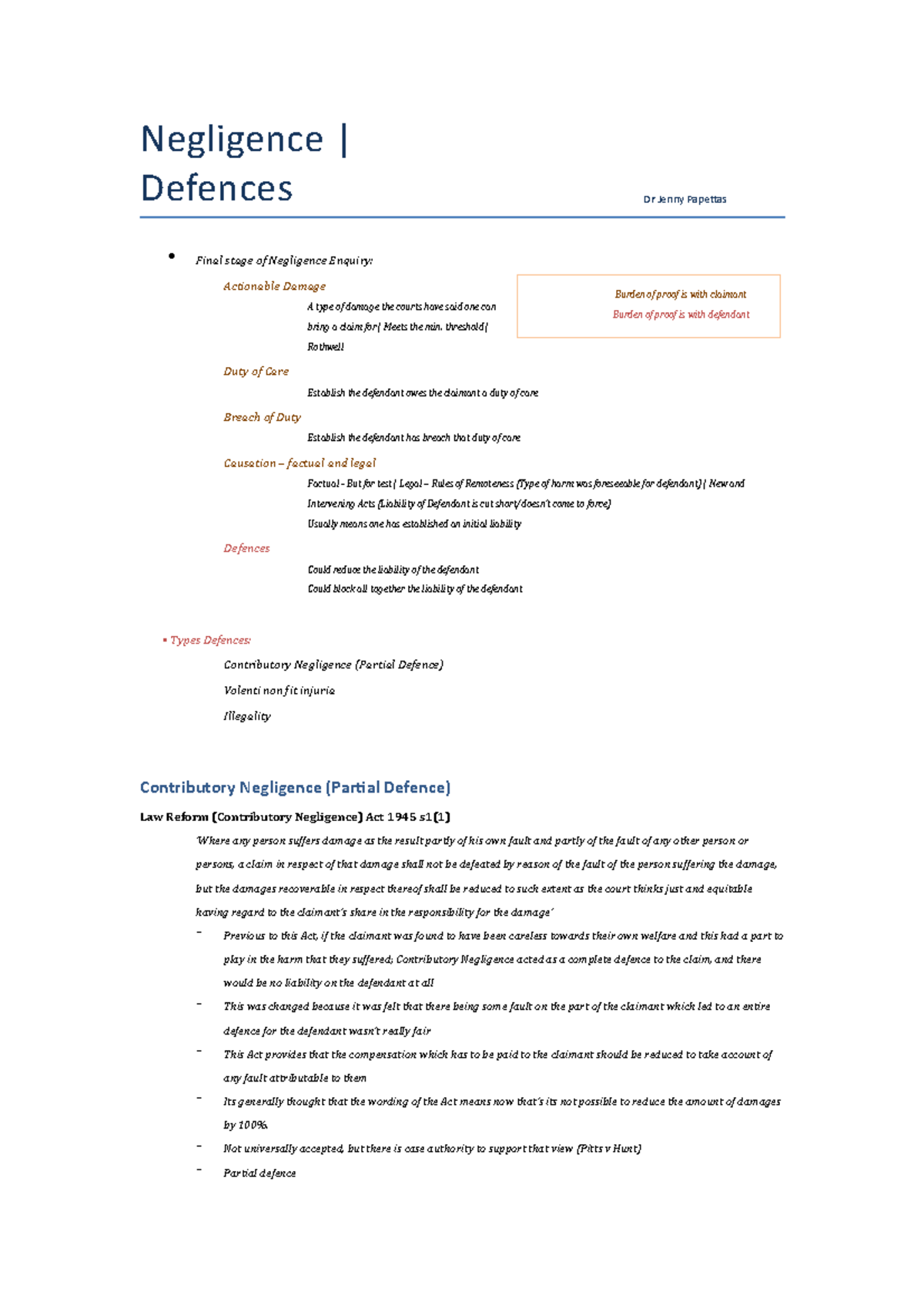 Defences Notes - Negligence | Defences Dr Jenny Papettas • Final stage ...